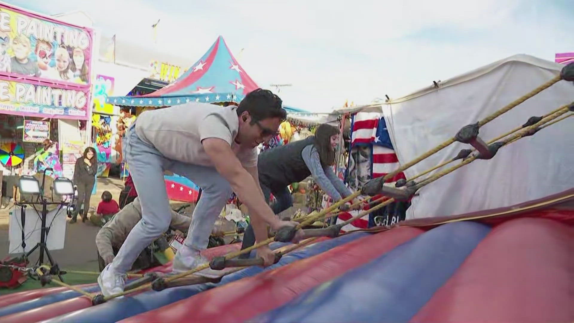 Fun at the Fryeburg Fair: Keith and Dana attempt to win at ropes course ...