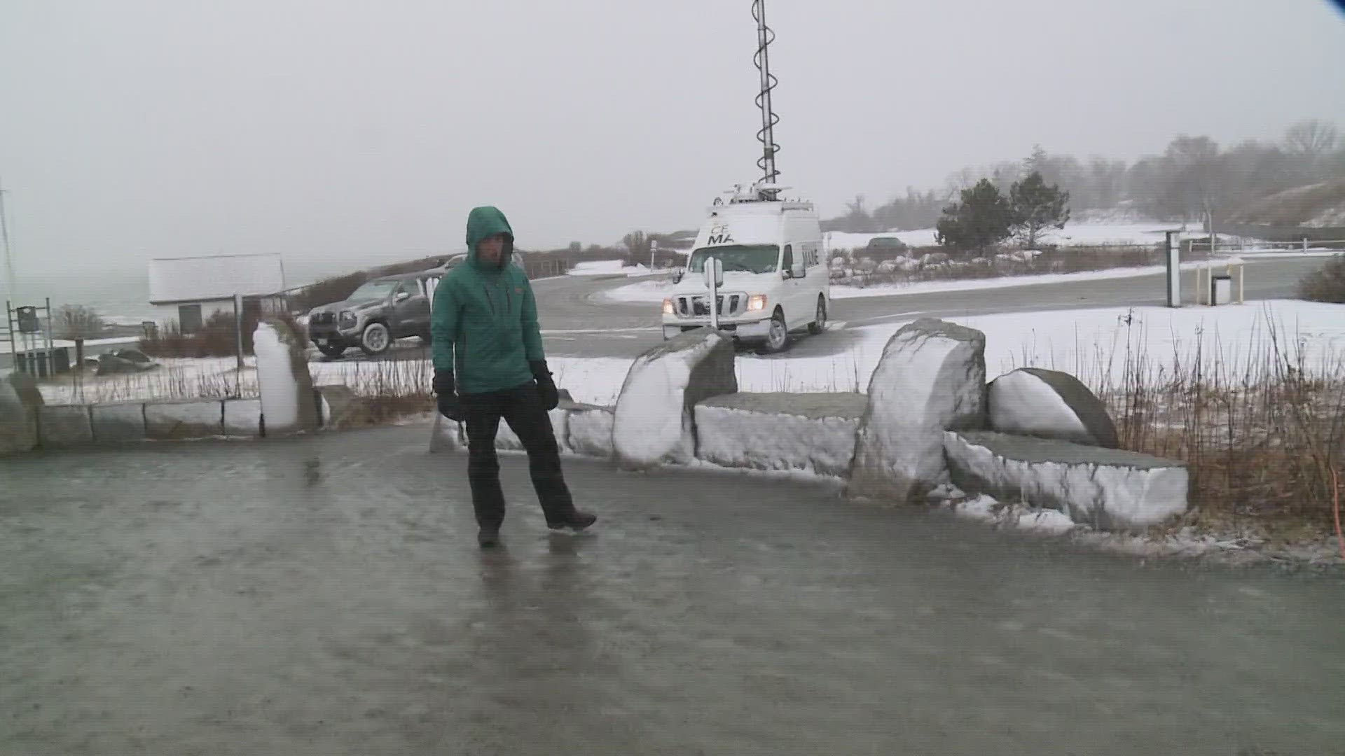A look at nor'easter conditions in southern Maine Tuesday afternoon ...