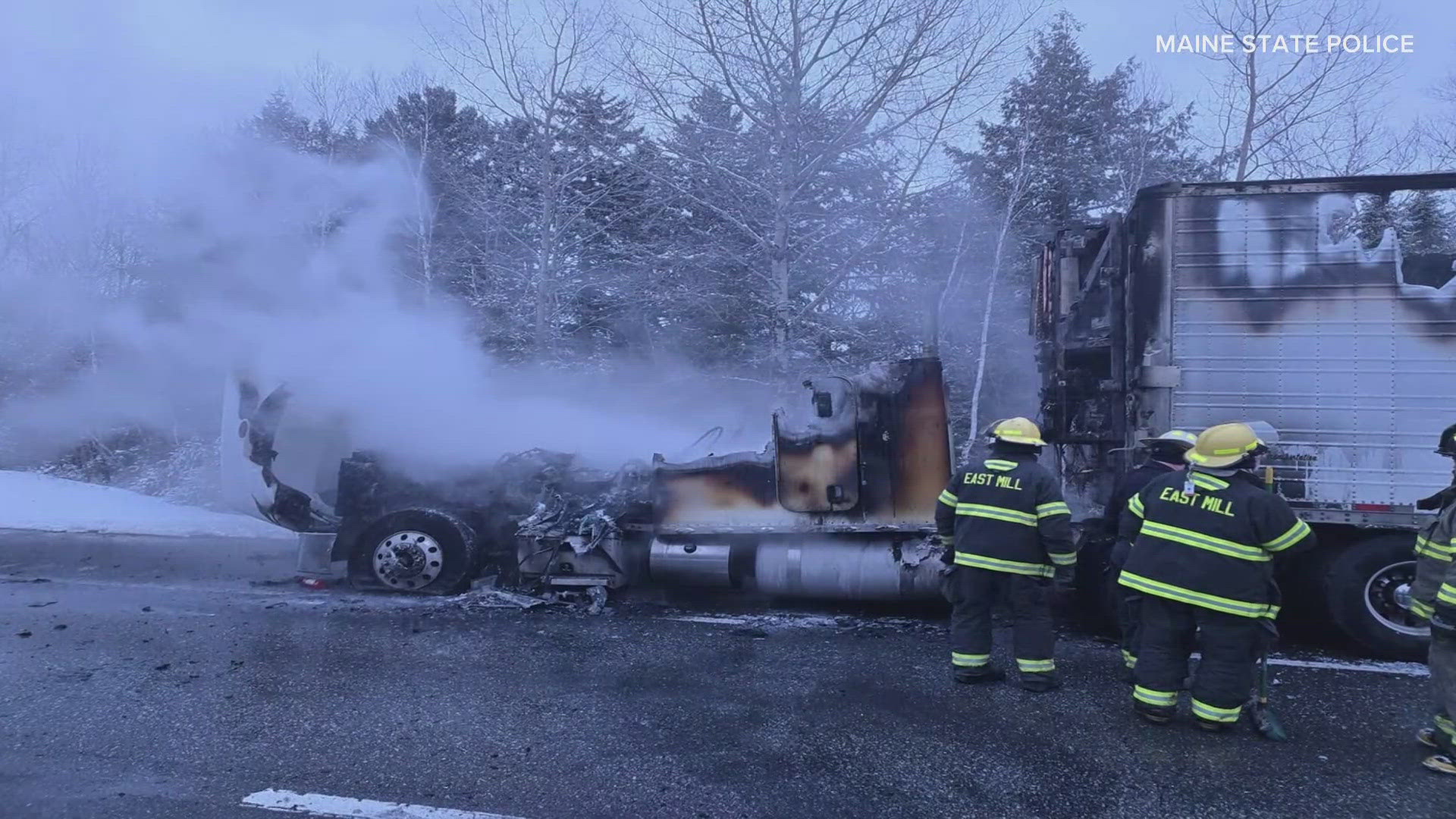 Tractor-trailer fire on I-95 north haults traffic, Medway, Maine ...