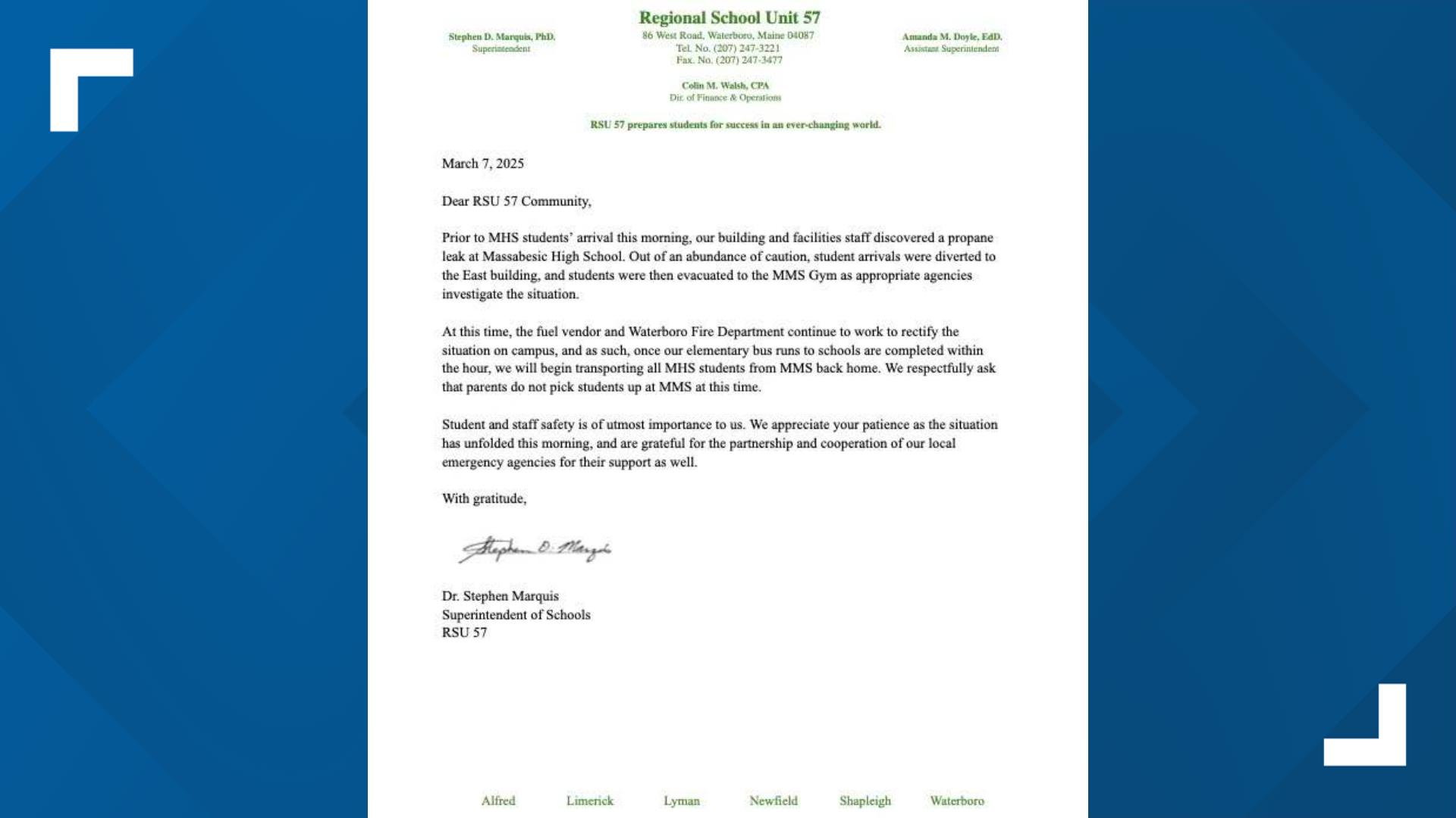 Massabesic High School: RSU 57 superintendent says propane leak was ...