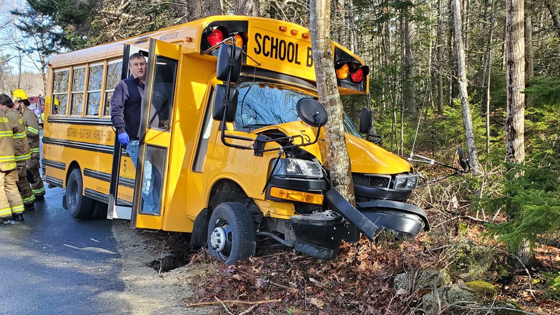 School bus hits tree on East Side Road in Boothbay, Maine ...