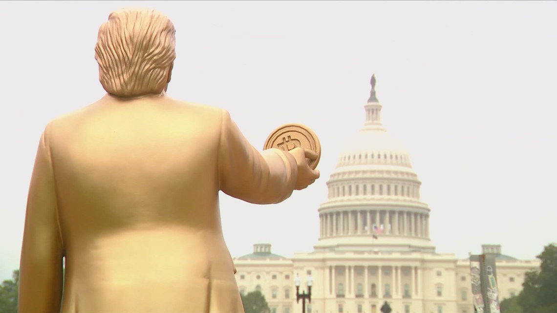 Golden statue of President Trump holding a Bitcoin goes up in DC ...