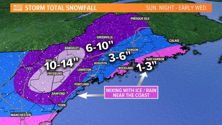Two-day storm will drop over 10 inches of snow in parts of Maine ...