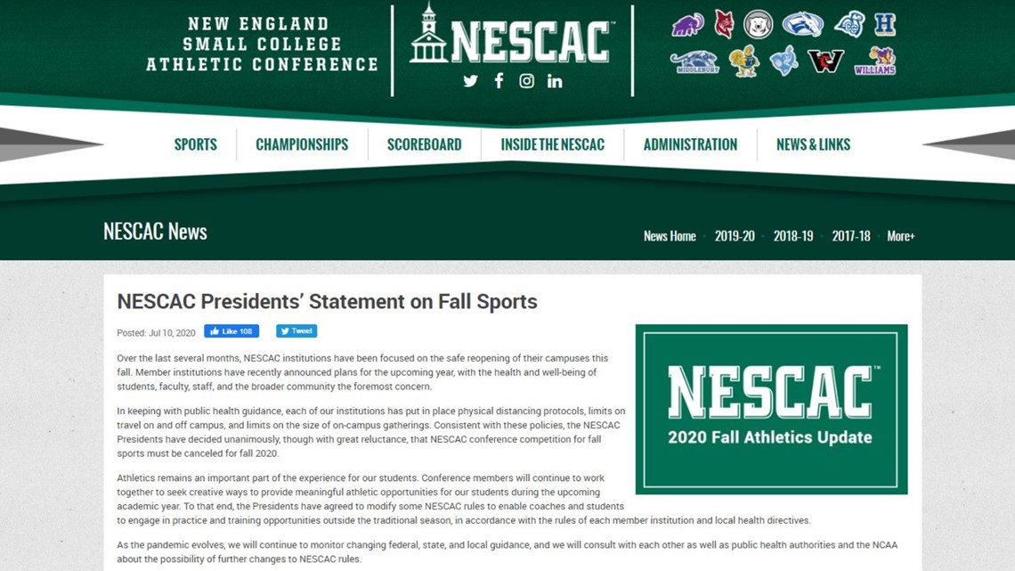 NESCAC cancels fall sports amid COVID-19, coronavirus concerns ...